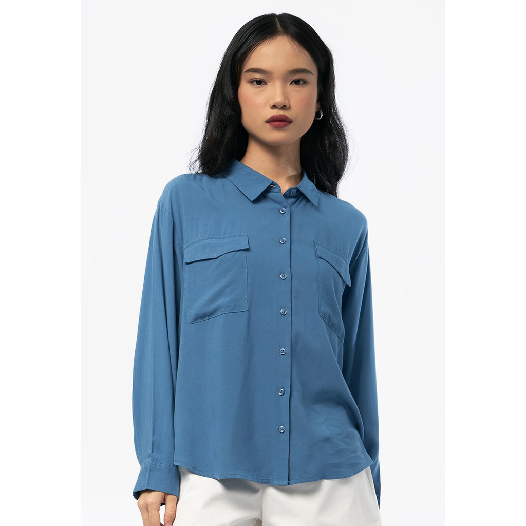 Jual COLORBOX Long Sleeve Utility Shirt Blue | Shopee Indonesia