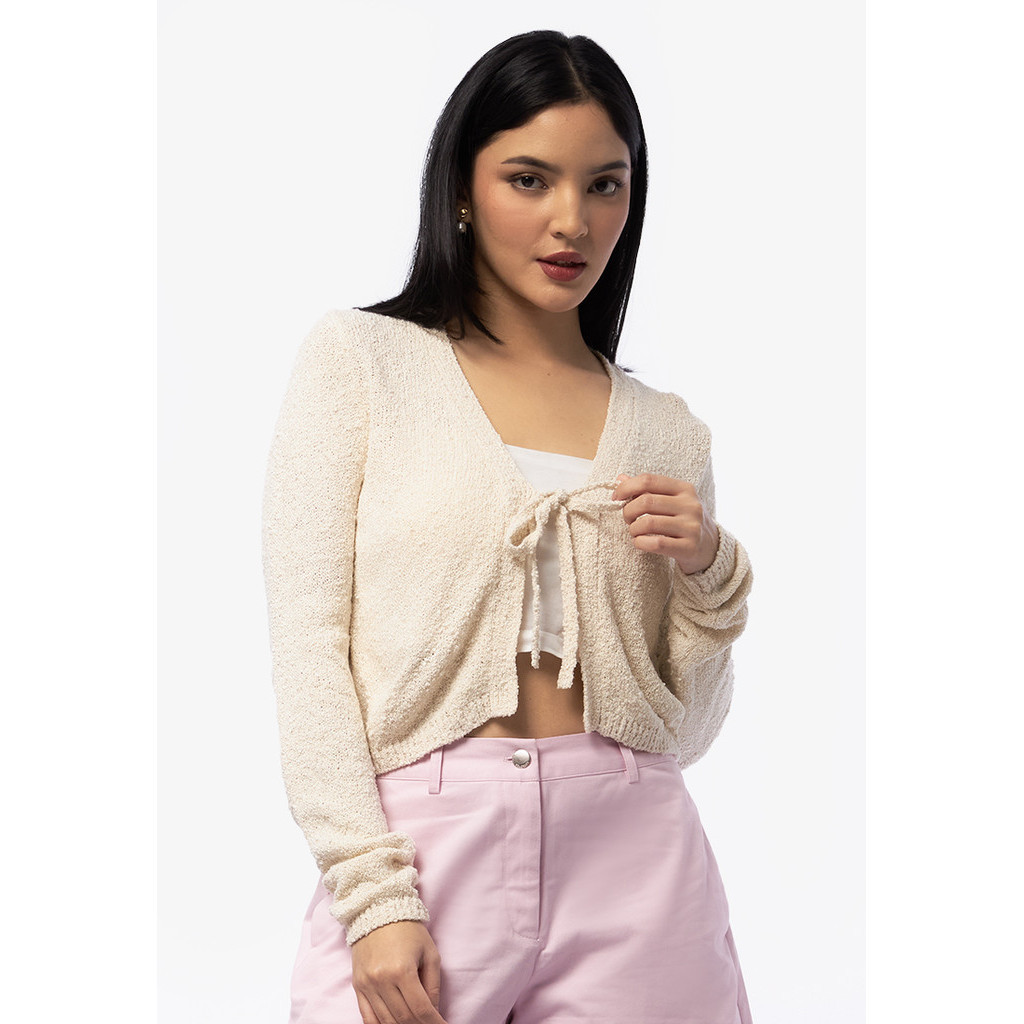 Jual COLORBOX Tie Front Popcorn Cardigan Off White | Shopee Indonesia