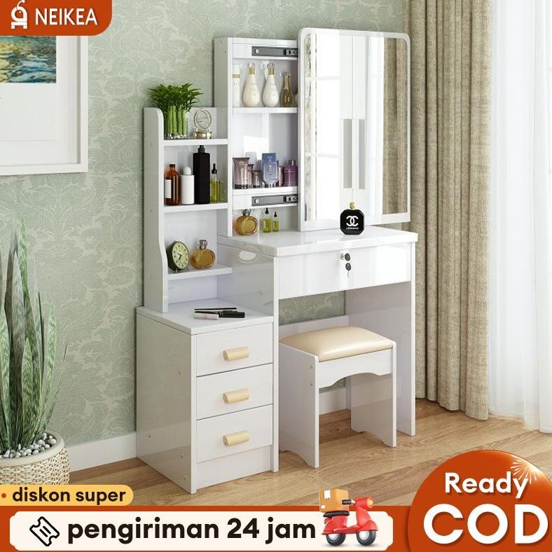 Jual Meja Rias Aesthetic Putih LED Meja Make Up Kaca Sliding dengan ...