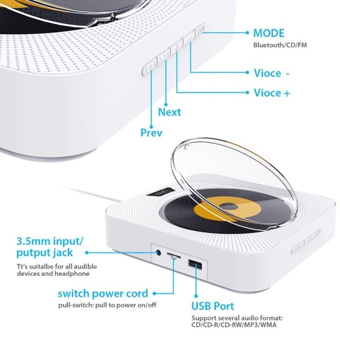 Jual Portable Cd Player Bluetooth Mountable Wall Dvd Player Pemutar Cd ...