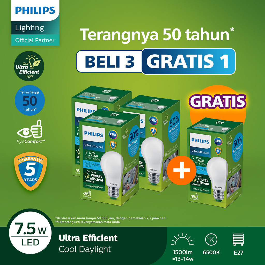 Jual Beli 3 Gratis 1 Philips LEDBulb Ultra Eficient 7.5W 6500K Putih ...