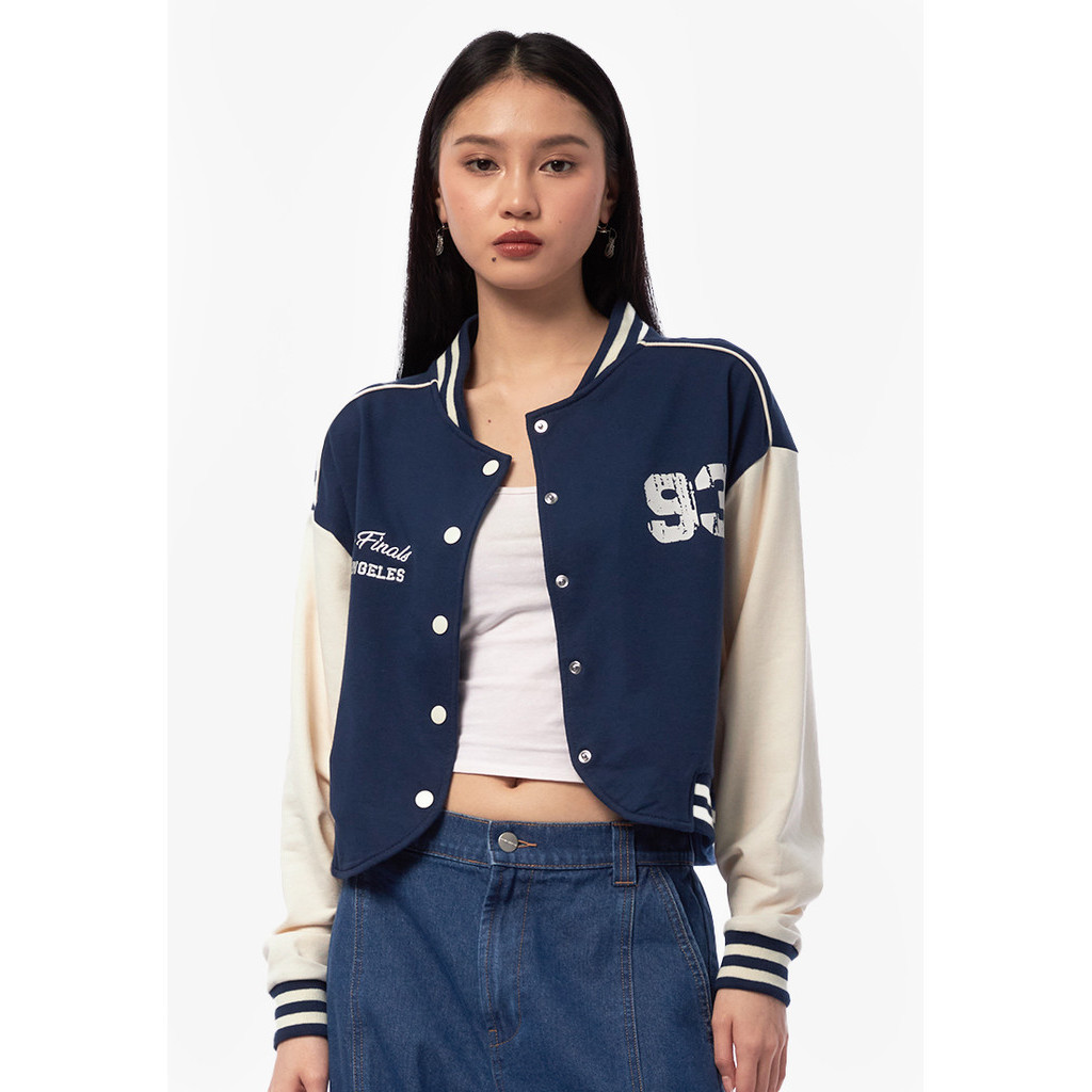 Jual COLORBOX Cropped Varsity Jacket Navy | Shopee Indonesia