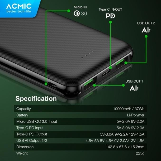 Jual ACMIC C10PRO Slim 10000mAh AiCharge Power Bank (QC4 + PD + VOOC) | Shopee Indonesia