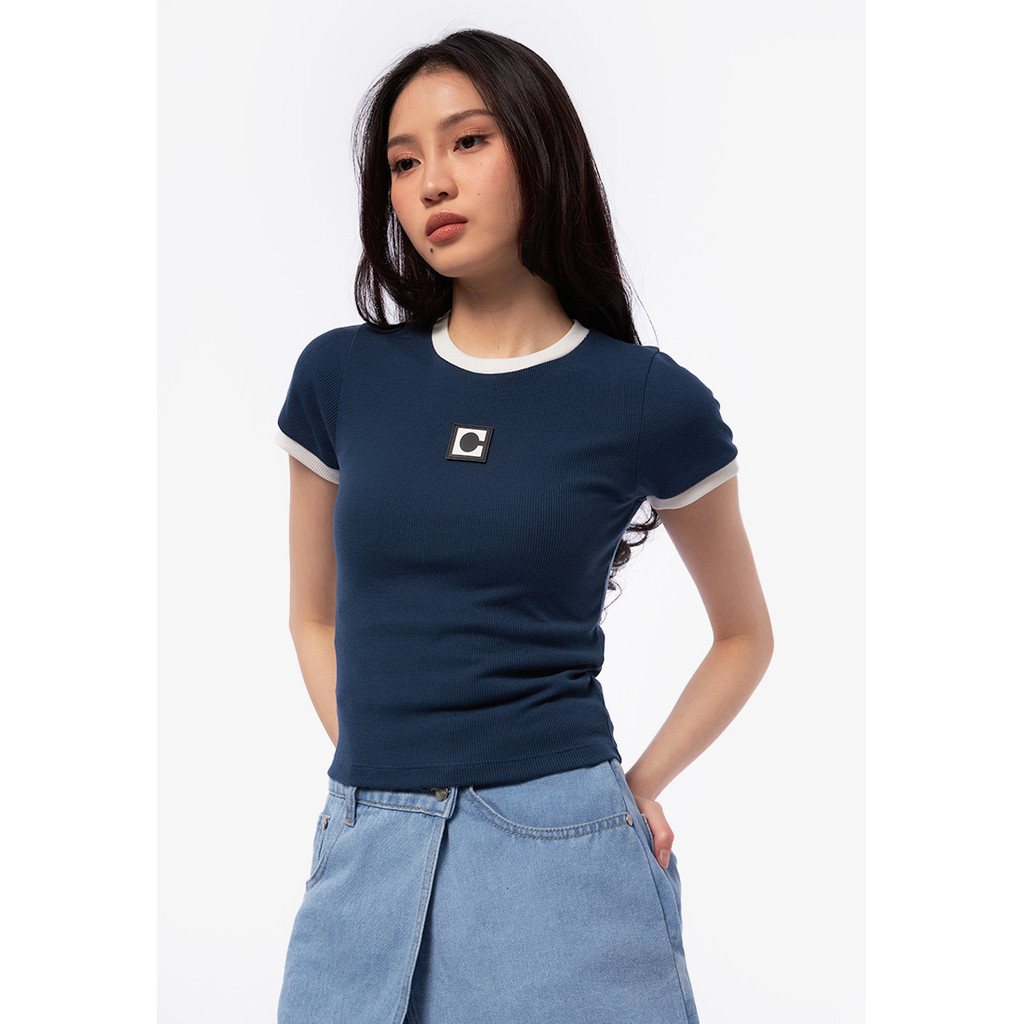 Jual COLORBOX Logo Contrast Rib Crop T-Shirt Navy | Shopee Indonesia