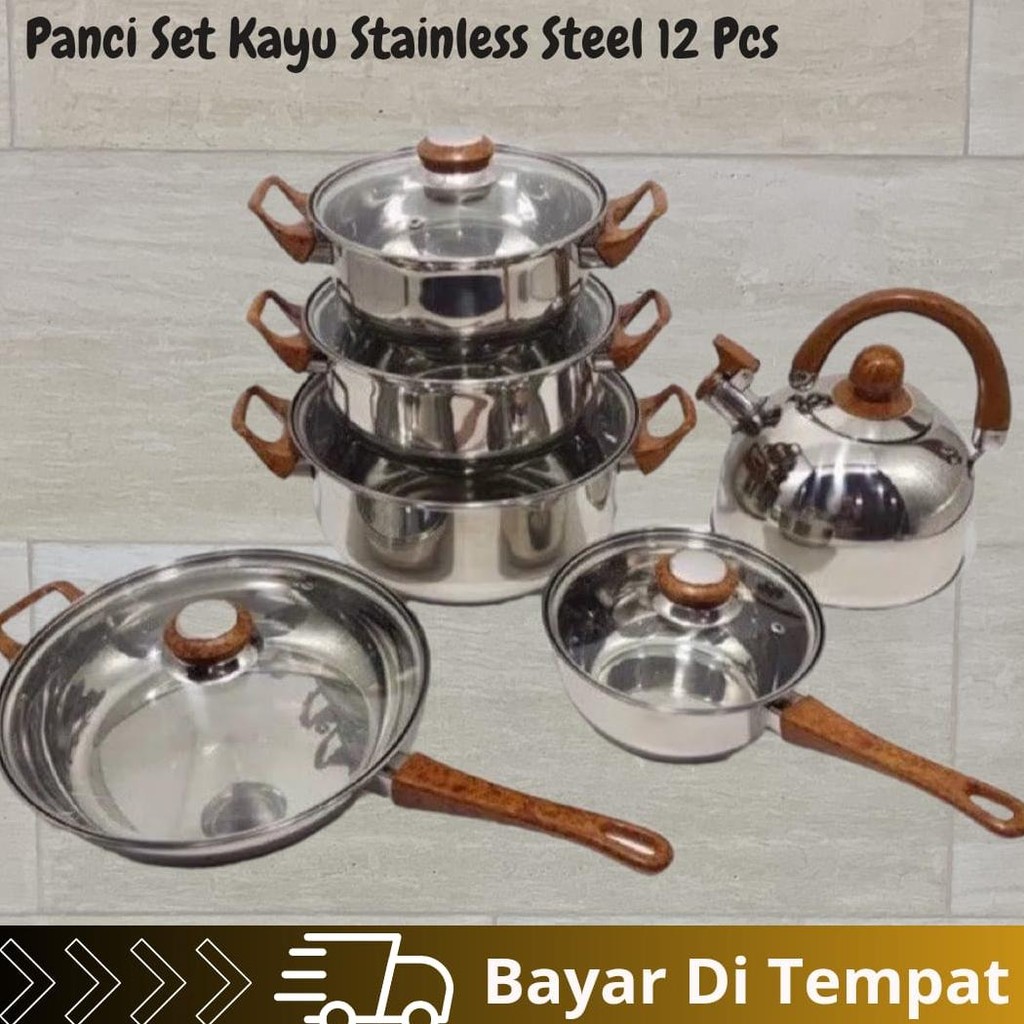 Jual fx-4 PERALATAN MASAK PANCI SET STAINLESS STEEL GAGANG KAYU 12 IN 1 ...
