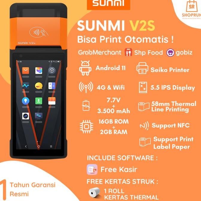 Jual Mesin Kasir Android Portable Sunmi V2s 2+16 4G Support Print Otomatis Garansi 1 Tahun high ...