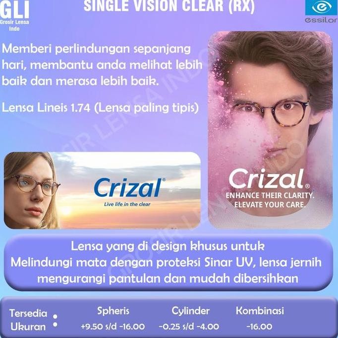 Jual Lensa Essilor Sv Lineis TERTIPIS index 1.74 crizal Sapphire ...