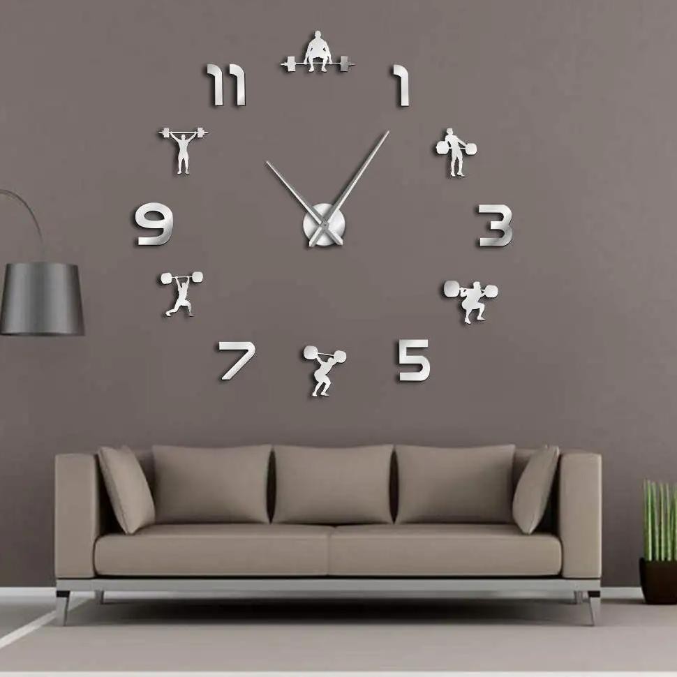 Jual Weightlifting Fitness Room Wall Decor Diy Giant Wall Clock Mirror ...