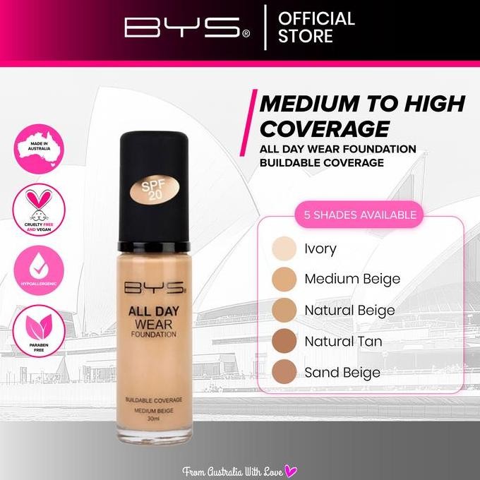 Jual NEW BYS All Day Wear Foundation Buildable Coverage Natural Beige ...