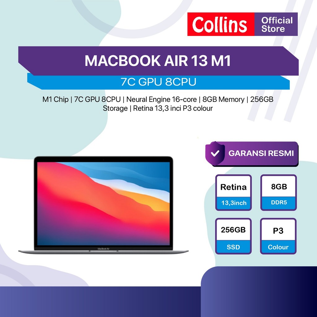 Jual Macbook Air 13 M1 7C 8gb 256ssd 8C CPU 13.3 Inch IBOX Resmi ...