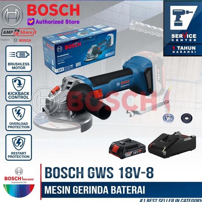 Jual Mesin Gerinda Tangan Baterai Bosch GWS 18V-8 4 Inch Set Charger ...