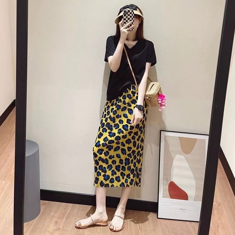 Jual Rok Midi Cetak Leopard Lipit untuk Wanita dengan Belahan Samping ...