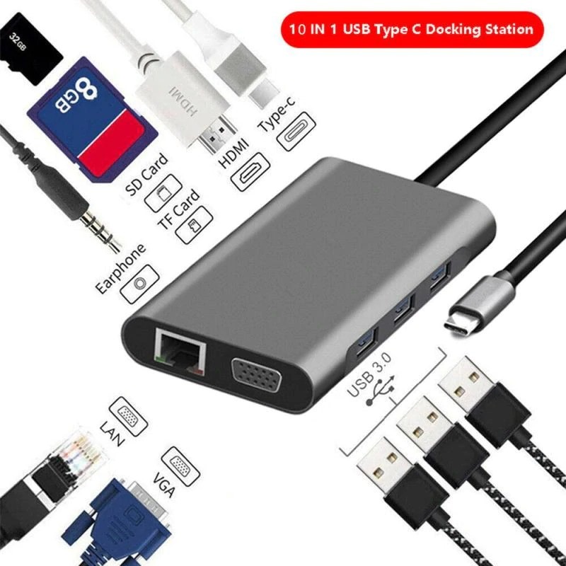 Jual EASYIDEA USB Type C Hub 10 in 1 HDMI VGA USB 3.0 LAN RJ45 Card ...