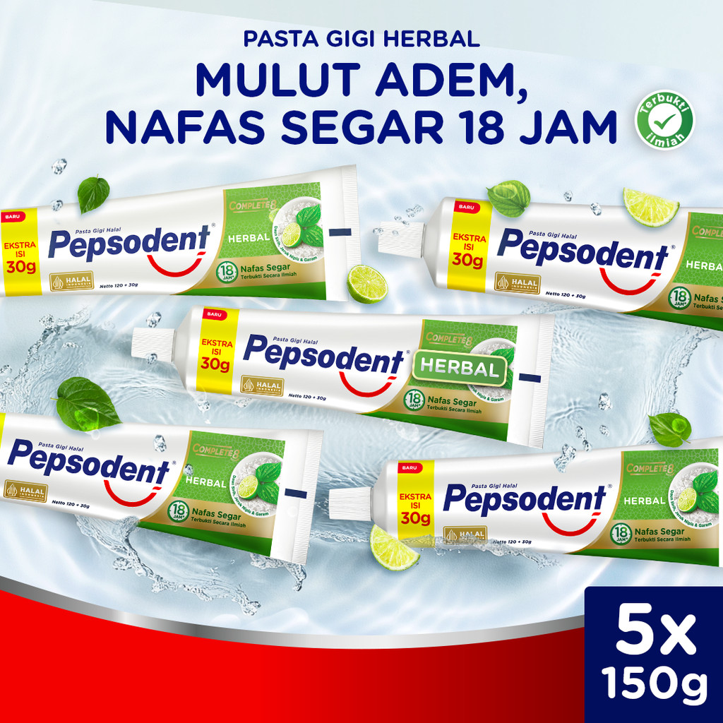 Jual Pepsodent Pasta Gigi Complete 8 Herbal Mulut Adem, Nafas Segar 150g x5 | Shopee Indonesia