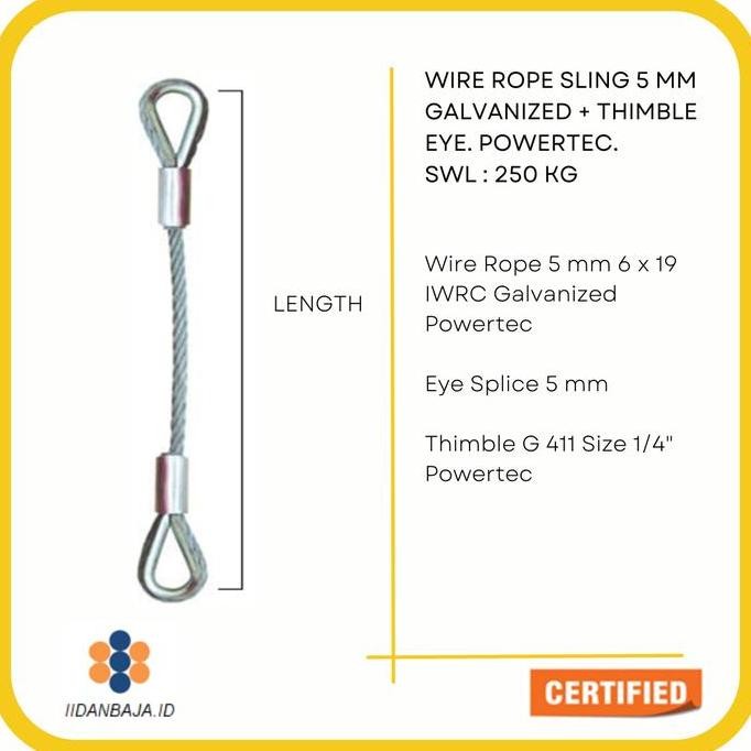Jual WIRE ROPE SLING 5 MM GALVANIZED + THIMBLE EYE. SWL 300 KG POWERTEC ...