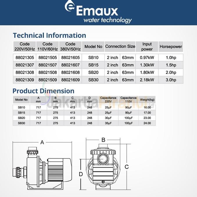 Jual Mesin Pompa Air Kolam Renang 2 Hp Emaux Sb20 Sb 20 Swimming Pool ...
