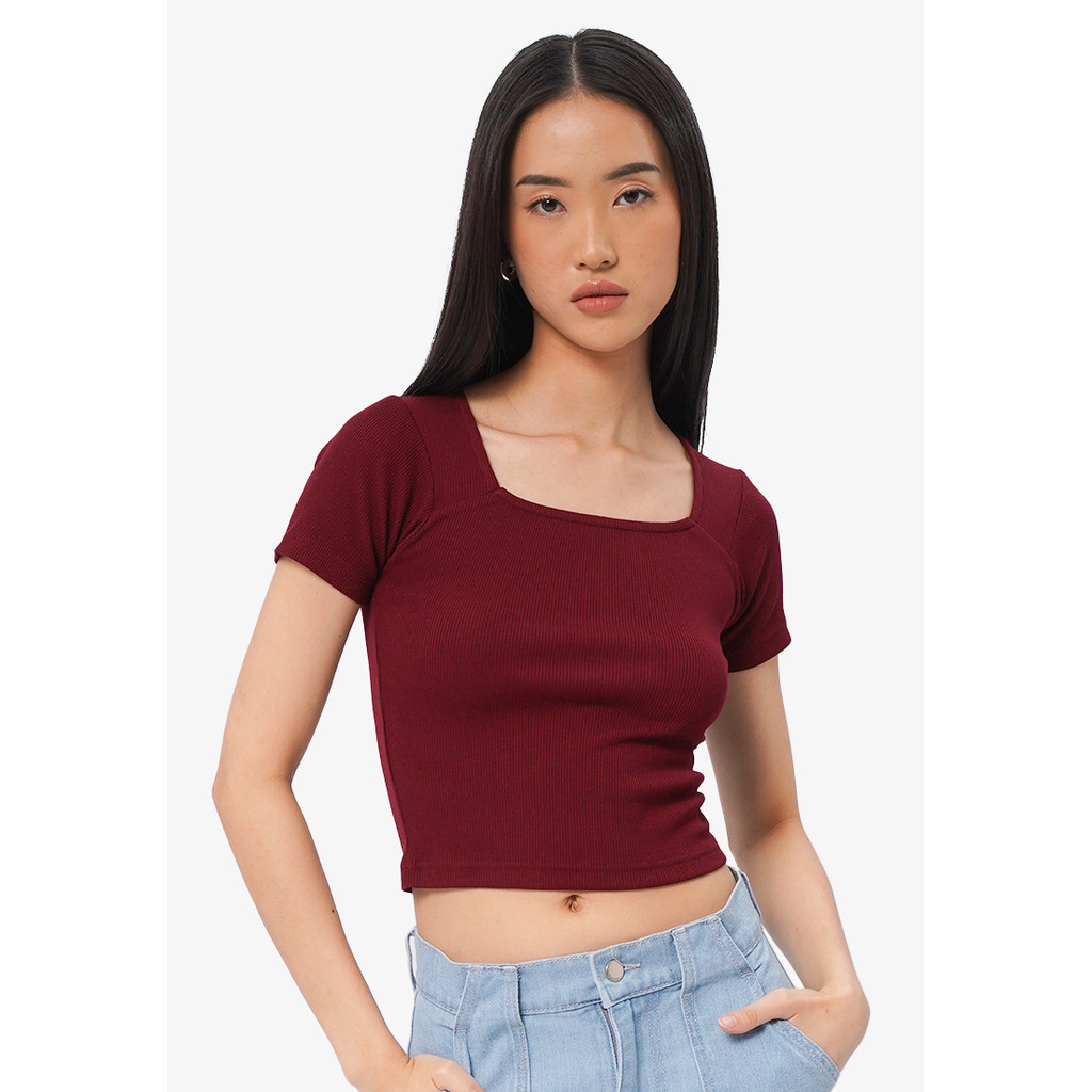 Jual COLORBOX Basic Square Neck T-Shirt Wine | Shopee Indonesia