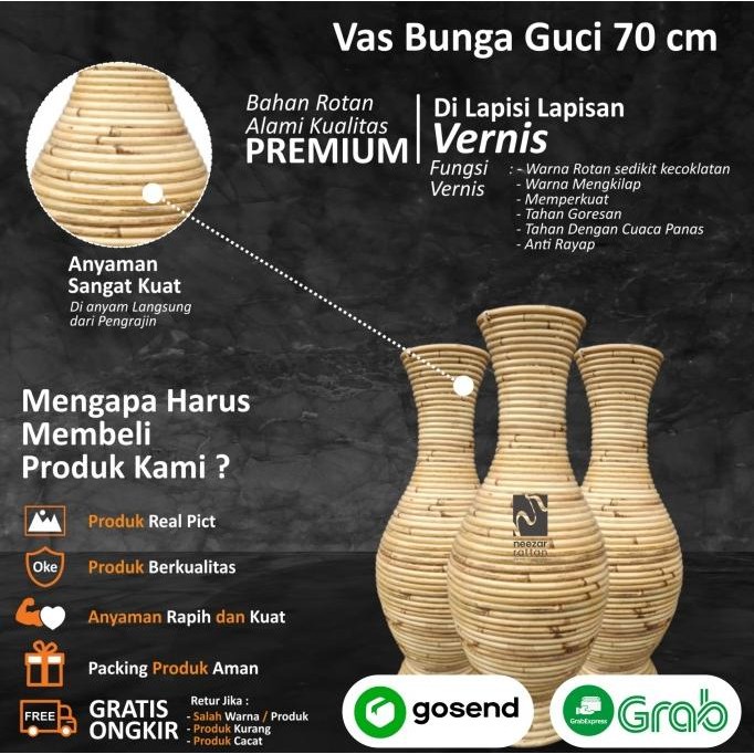 Jual Vas Pot Guci Tempat Bunga Dari Rotan Tinggi 70 Cm Original Dan ...