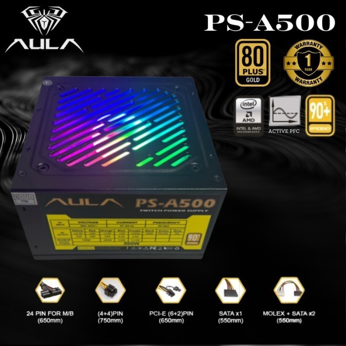 Jual Power Supply Aula PSA500 500W Gold+ With Fan RGB - Psu Aula PS-A500 | Shopee Indonesia
