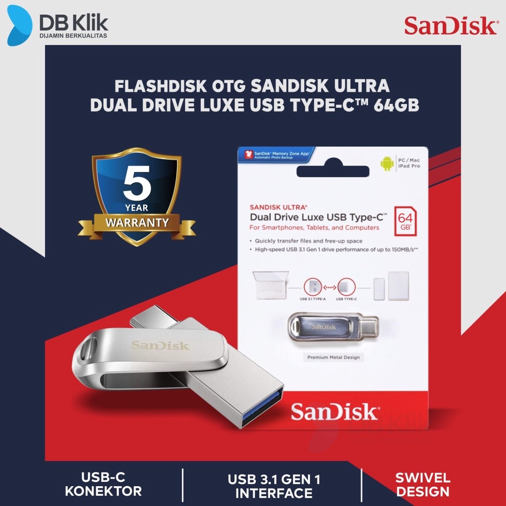 Jual Sandisk Flashdisk Otg Ultra Dual Drive Luxe 64Gb Usb 3.1 Type-C ...