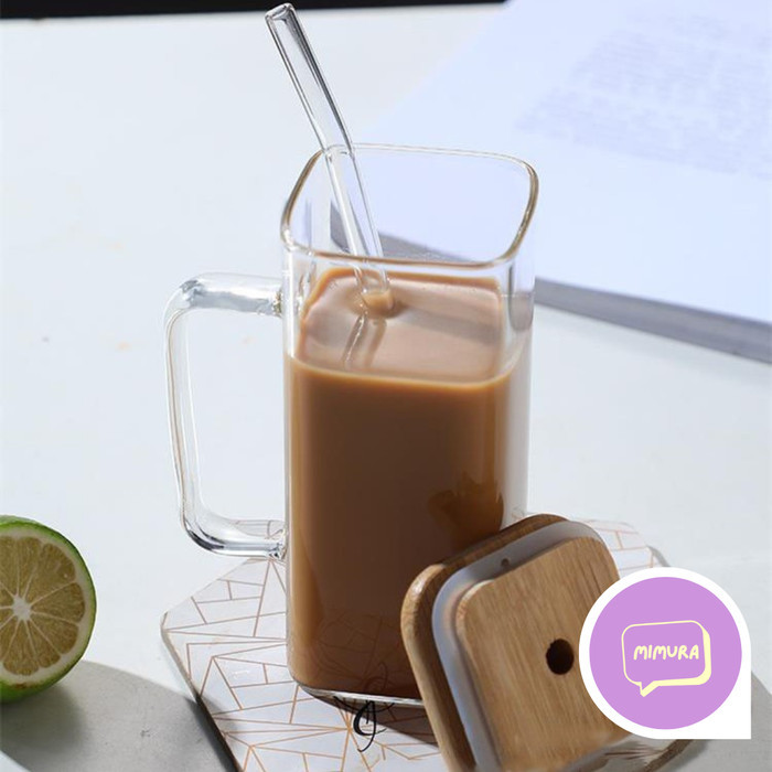 Jual Gelas Kaca Kotak Aesthetic Tutup Kayu 350ml dengan Sedotan SE01 | Shopee Indonesia