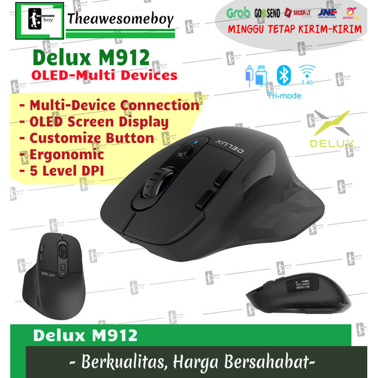 Jual Delux M912 Triple Mode Wired Bluetooth Wireless Mouse OLED MX ...