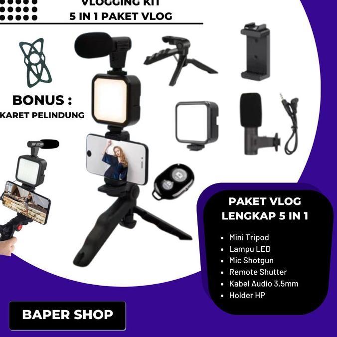 Jual Paket Vlog Kit Lengkap 5 In 1 Lampu Led Tripod Microphone Remote ...