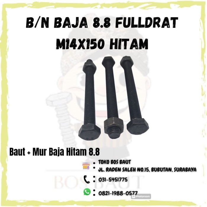 Jual BAUT MUR 8.8 HITAM FULL DRAT M14x150 P2.0 K22 | Shopee Indonesia