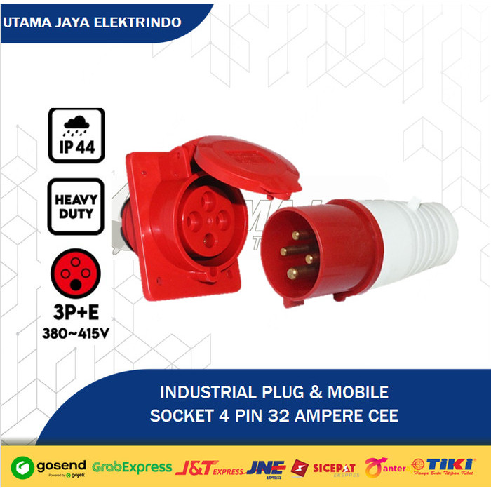 Jual 1 set industrial plug & socket Panel mounting 4 Pin 32A CEE ...