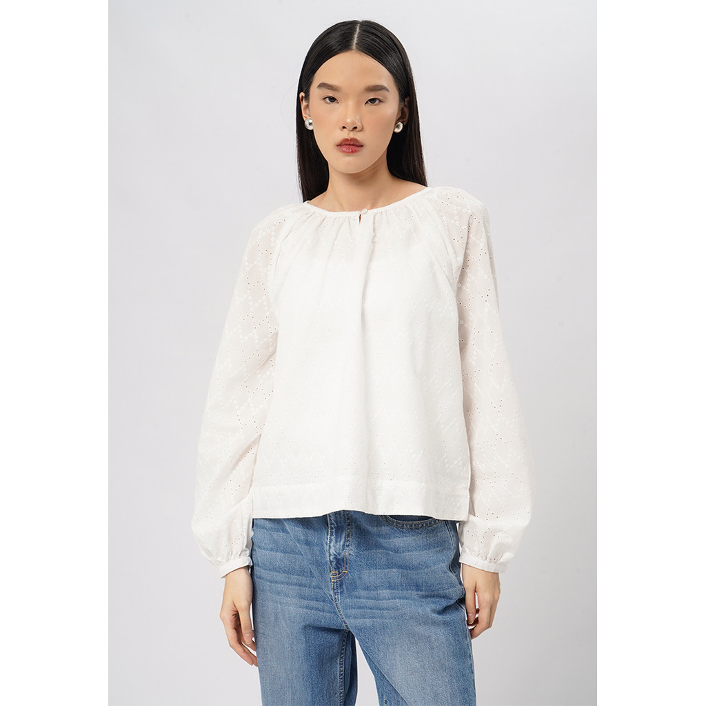Jual Executive Puff Sleeves Eyelet Blouse Off White | Shopee Indonesia