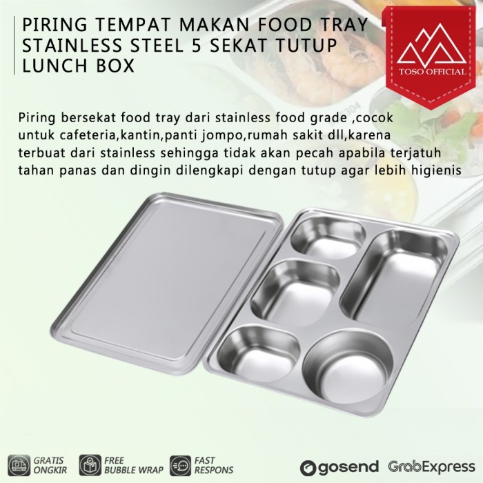 Jual PIRING TEMPAT MAKAN FOOD TRAY STAINLESS STEEL 5 SEKAT TUTUP LUNCH ...