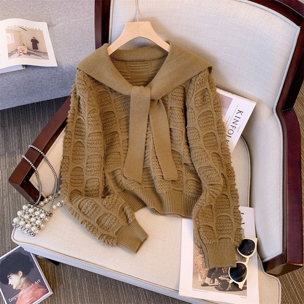 Jual Baju Hangat Kerah Pelaut Warna Solid Rajutan Wanita Desain Selendang Pullover Sweater ...