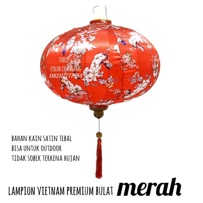 Jual LAMPION VIETNAM BULAT MERAH SATIN BUNGA KAIN SATIN OUTDOOR 36 CM ...