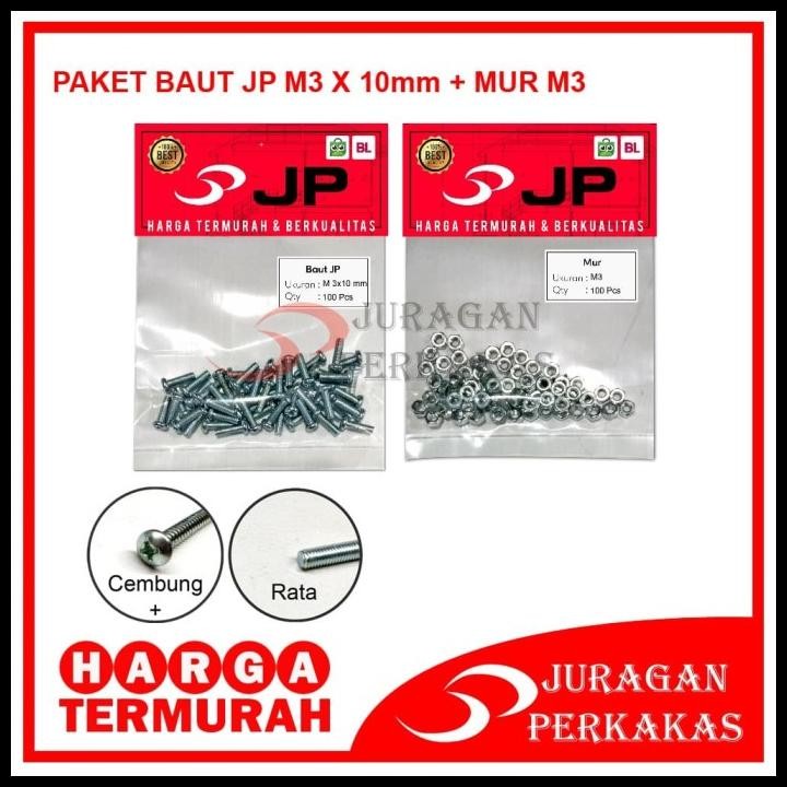 Jual TERBARU PAKET 2 SET BAUT MUR 3X10 BAUT JP M 3 X 10 MM MUR M3 SKRUP ISI 100 PCS ...