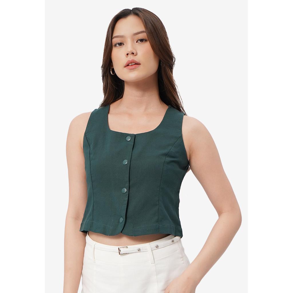 Jual COLORBOX Square Neck Button Up Vest Dark Green | Shopee Indonesia