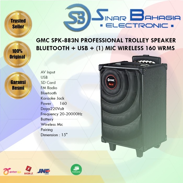 Jual GMC SPK-883N PROFESSIONAL TROLLEY SPEAKER BLUETOOTH + USB + (1) MIC WIRELESS 160 WRMS (NEW ...