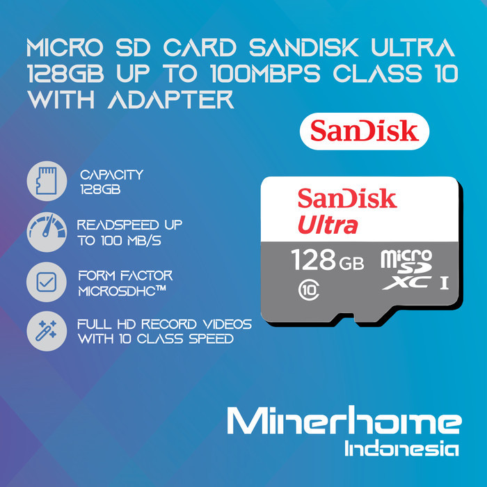 Jual NEW Micro SD Card SanDisk Ultra 128Gb Up to 100Mbps Class 10 With Adapter | Shopee Indonesia