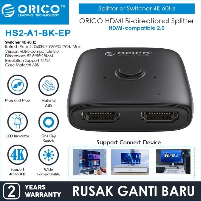 Jual ORICO HDMI Bi-directional Splitter or Switcher 4K 60Hz - HS2-A1-BK-EP | Shopee Indonesia