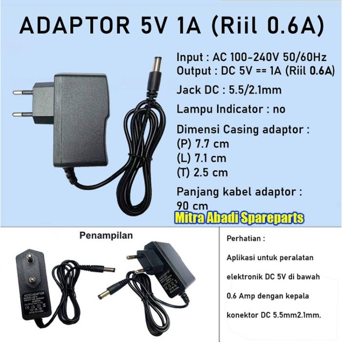 Jual ADAPTOR Adapter 5V 1A 5W / 5 Volt 1 Ampere 1000 mA 5 Watt | Shopee Indonesia
