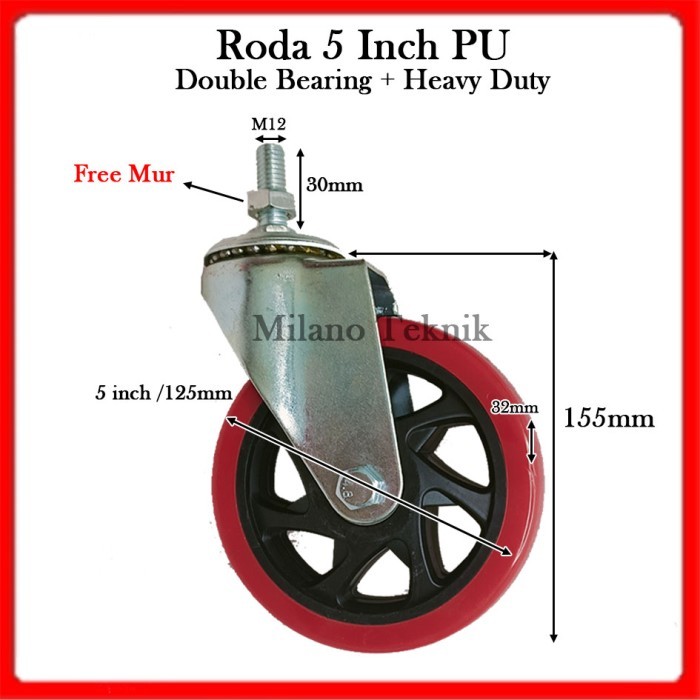 Jual Roda 5 Inchi Pu 4Pcs Roda Troli Screw/Baut+Mur Heavy Duty+Double ...