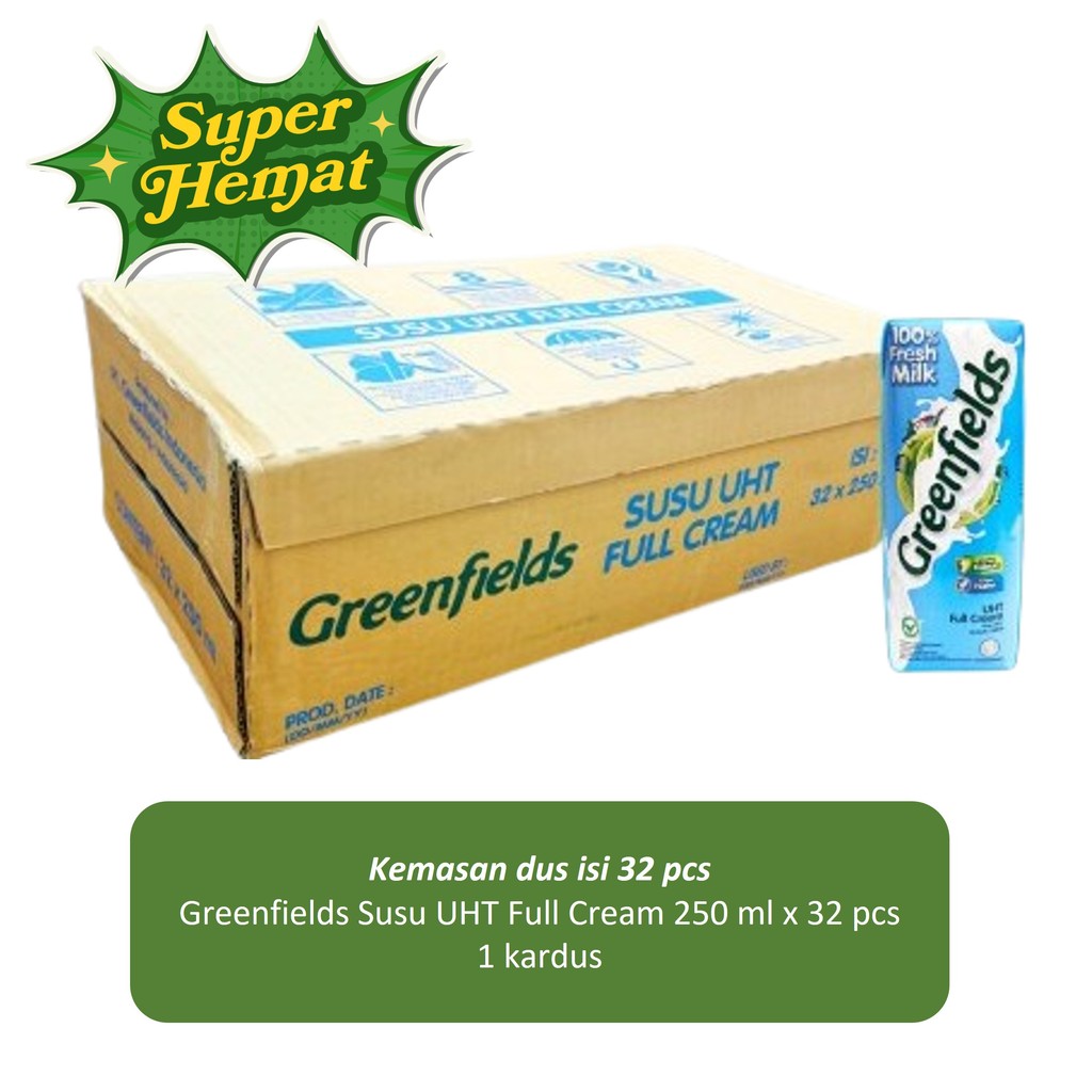 Jual Kemasan Dus - Greenfields Susu UHT Full Cream 250 ml x 32 pcs 1 kardus | Shopee Indonesia