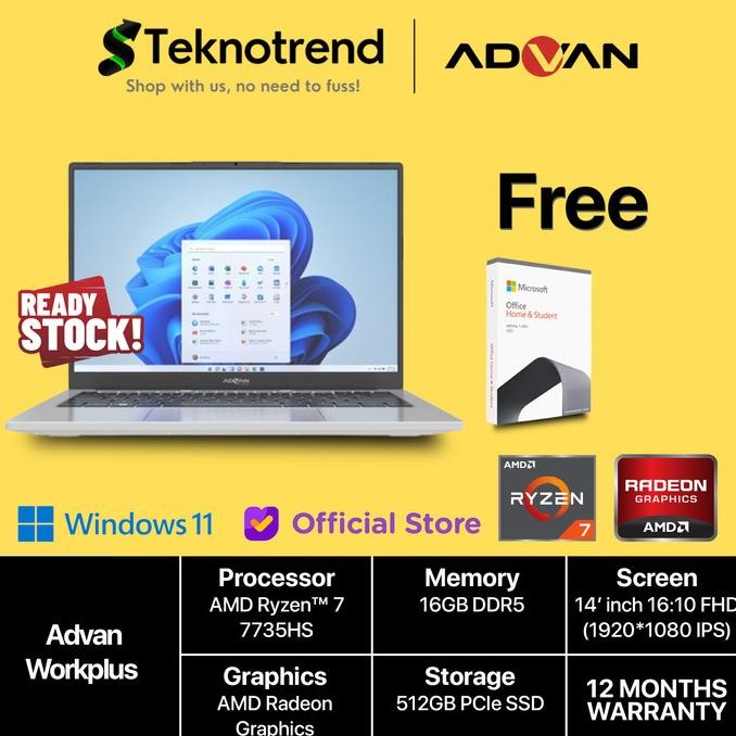 Jual Advan Laptop Workplus Amd Ryzen 7 7735Hs 16Gb 512Gb 14'' Fhd Work ...