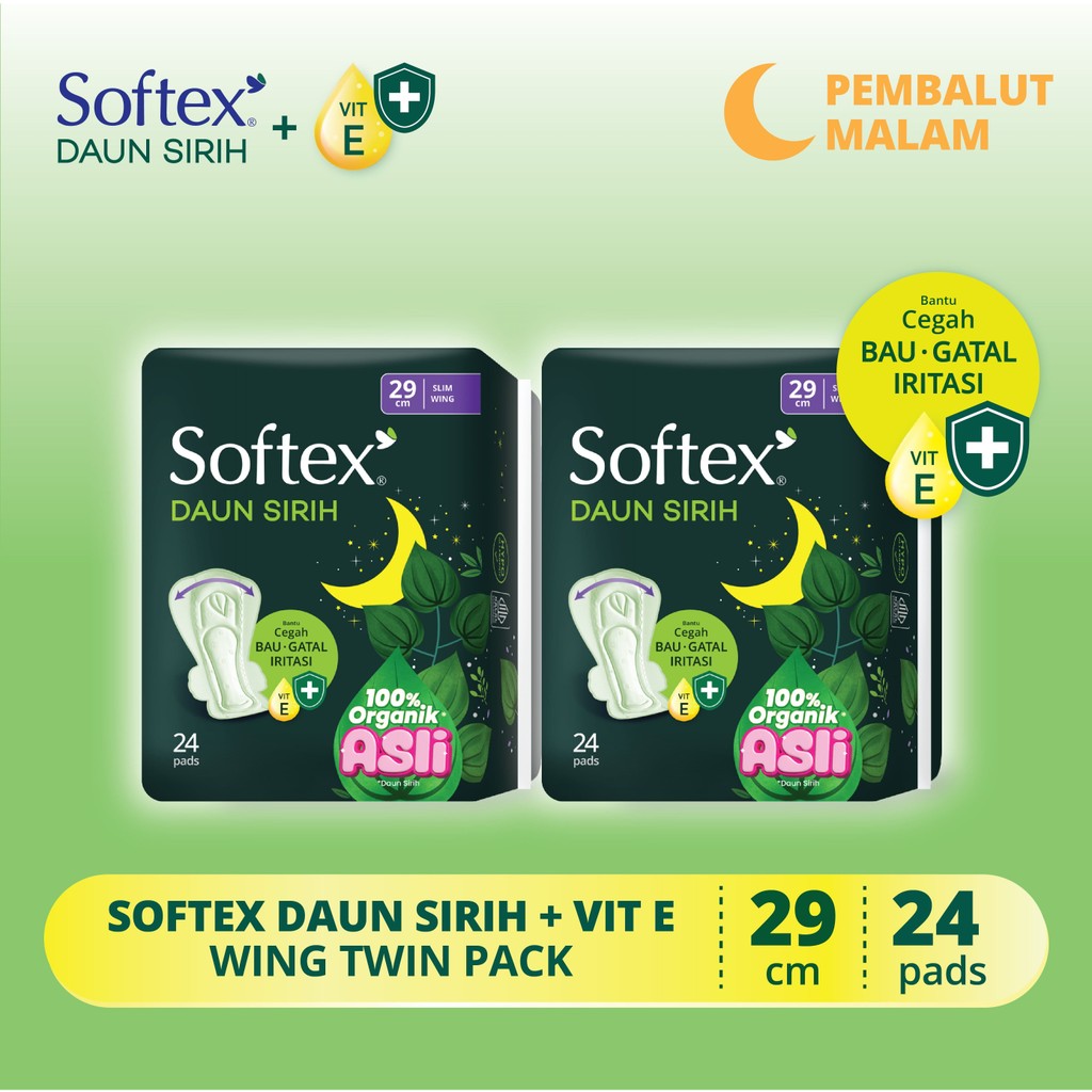 Jual Softex Daun Sirih + Vitamin E 29cm Jumbo Pack 24s x 2 Pack - Pembalut Daun Sirih Malam ...