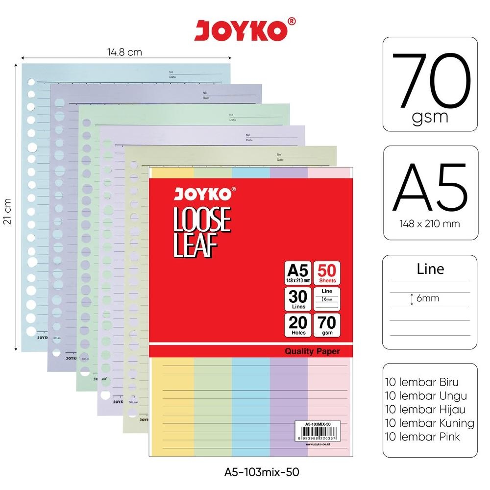 Jual Loose Leaf Color Isi Kertas File Binder Warna Joyko A5 50 Lembar ...