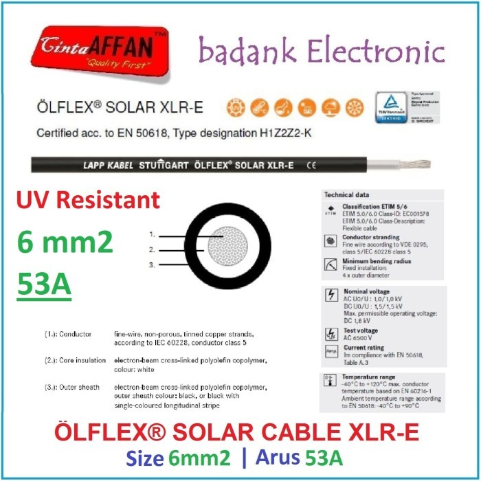 Jual KABEL PANEL SURYA 6MM2 1500V OLFLEX SOLAR XLR-E LAPP PER METER 6 ...