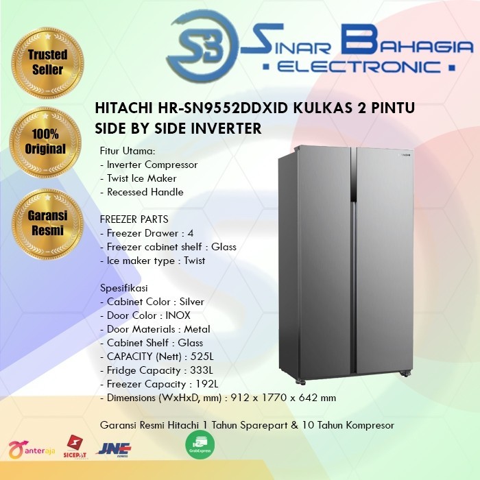 Jual HITACHI HR-SN9552DDXID KULKAS 2 PINTU SIDE BY SIDE INVERTER 160 ...