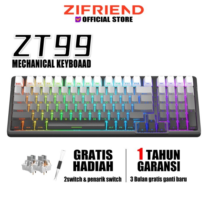 Jual ZIFRIEND ZT99 Grey Gradient Mechanical Keyboard Hot Swap RGB Sisi ...