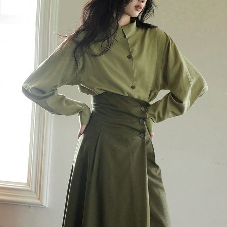 Jual Kemeja Temperamen Hijau Muda, Pakaian Luar Sederhana Retro Kerah ...