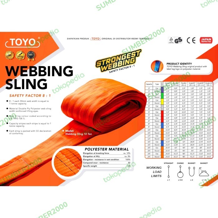 Jual Toyo Webbing Sling 8 Ton X 12 Meter Polyster Material Safety Japan ...