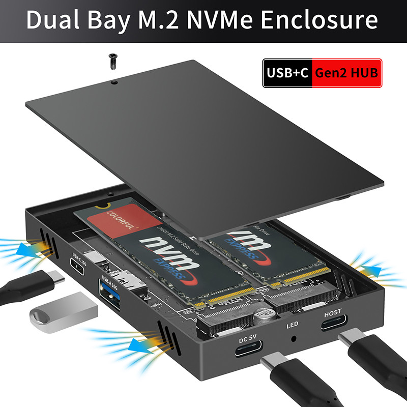 Jual Dual Bay M.2 NVME SSD Enclosure with USB3.2 GEN2 10G + Type C 10Gbps HUB Support Four Hard ...